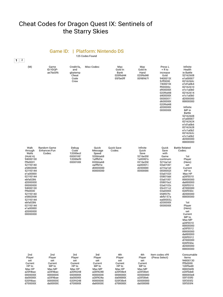 Cheat Codes For Dragon Quest IX - Sentinels of The Starry Skies On Nintendo DS - Codejunkies ...