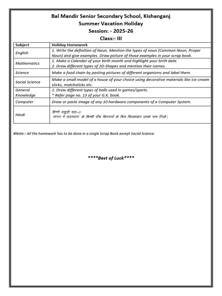 Class III Holiday Homework | PDF