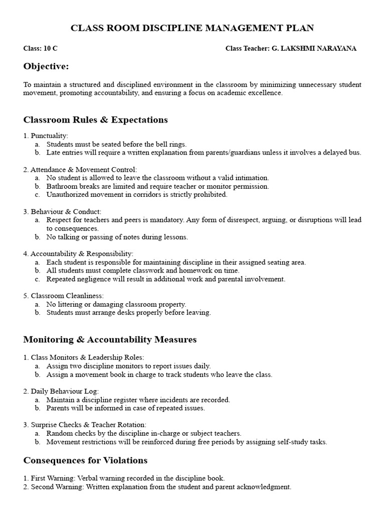 Class Room Discipline Management Plan | PDF | Disciplines | Teachers