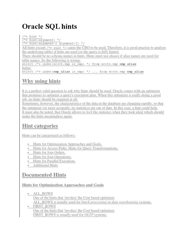 Oracle SQL Hints | PDF | Database Index | Oracle Database