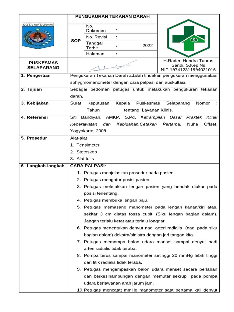 Sop Pengukuran Tekanan Darah New | PDF