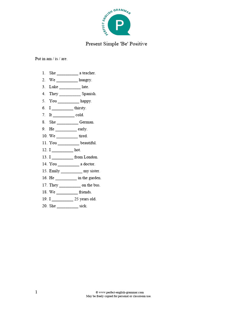 Present Simple Form Be Positive | PDF