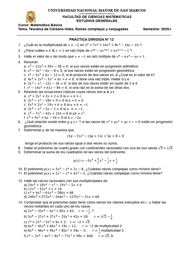 Pr-Ctica Dirigida N - 12 2025-1 | PDF | Número complejo | Análisis numérico