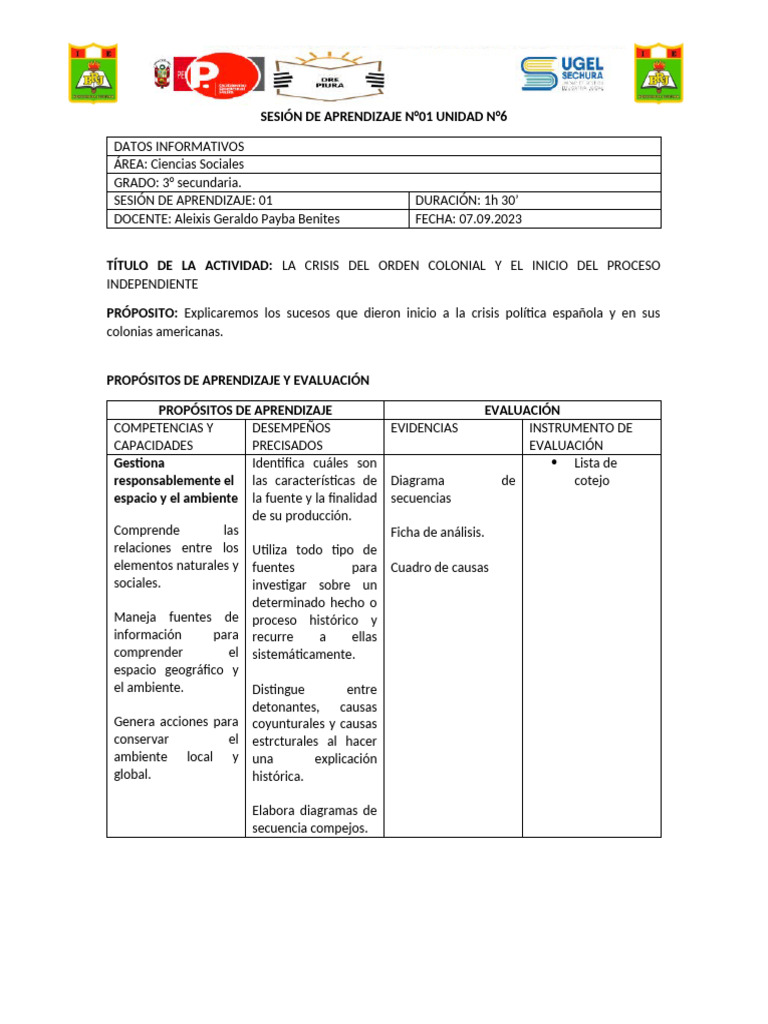 Sesión de Aprendizaje 01 - Unidad 6 de 3b Ccss Aleixis Payba | PDF ...