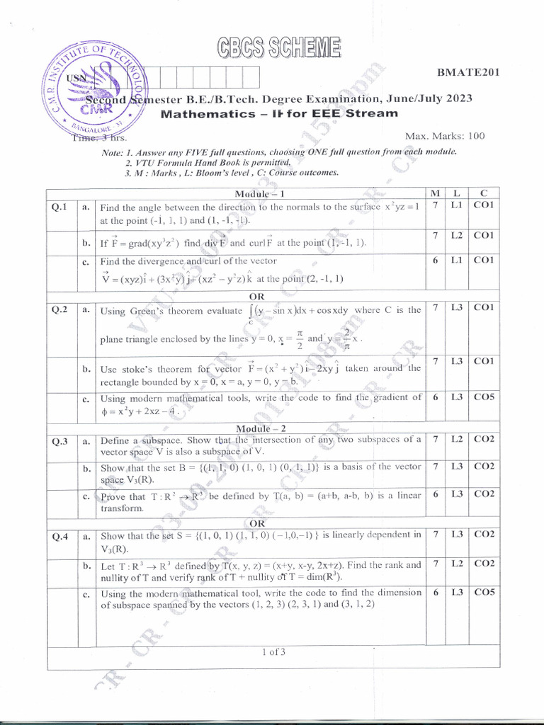 VTU Question Paper of BMATE201 Mathematics-II for EEE Stream June-July-2023_copy | PDF