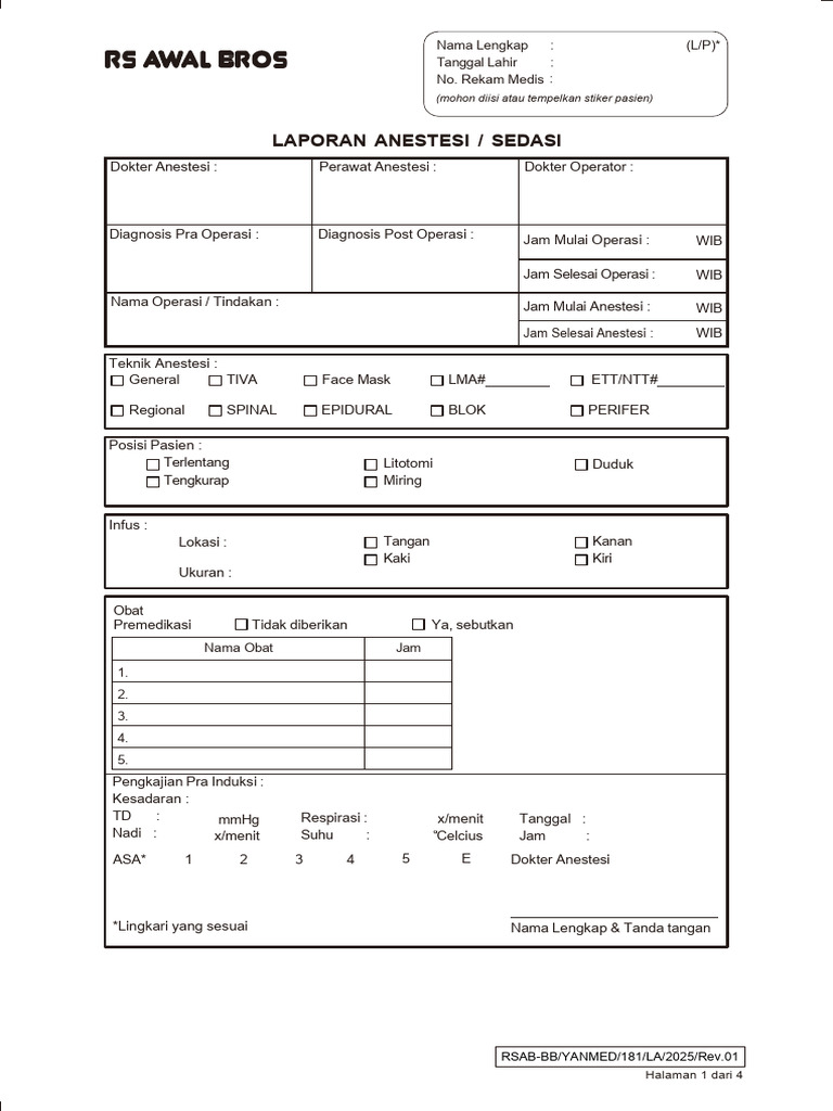 Form Laporan Anestesi: Sedasi | PDF