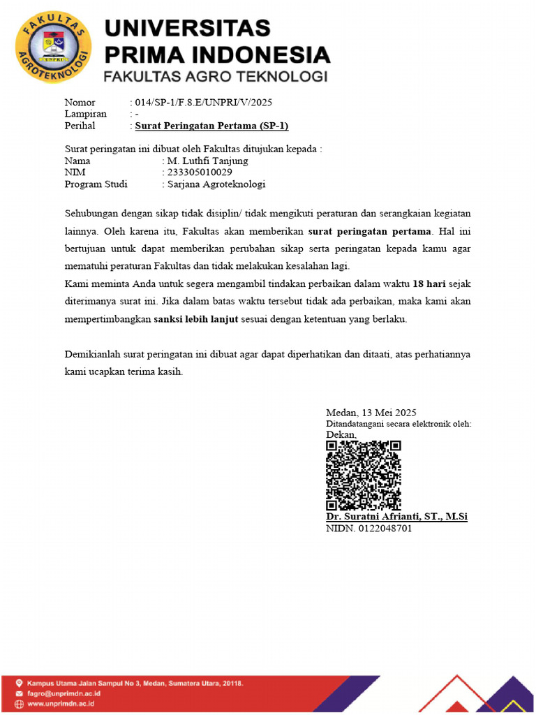 Surat Peringatan Pertama (SP1) M.Luthfi | PDF