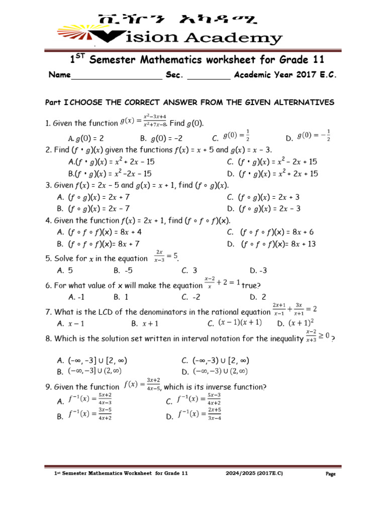 1ST Semester Mathematics Worksheet For Grade 11 | PDF | Function (Mathematics) | Rational Number