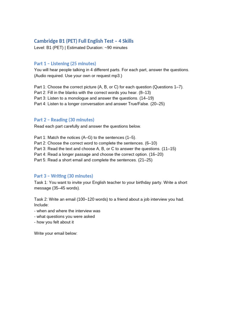 Cambridge B1 PET Test Overview | PDF