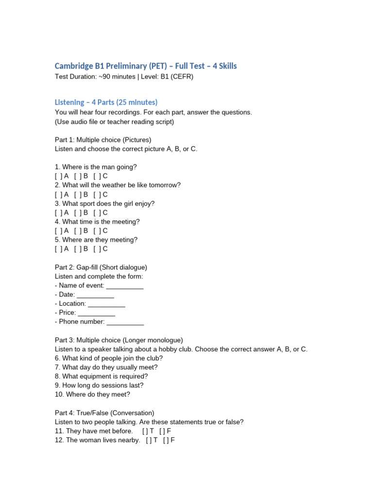 B1 Preliminary (PET) Full Test Guide | PDF