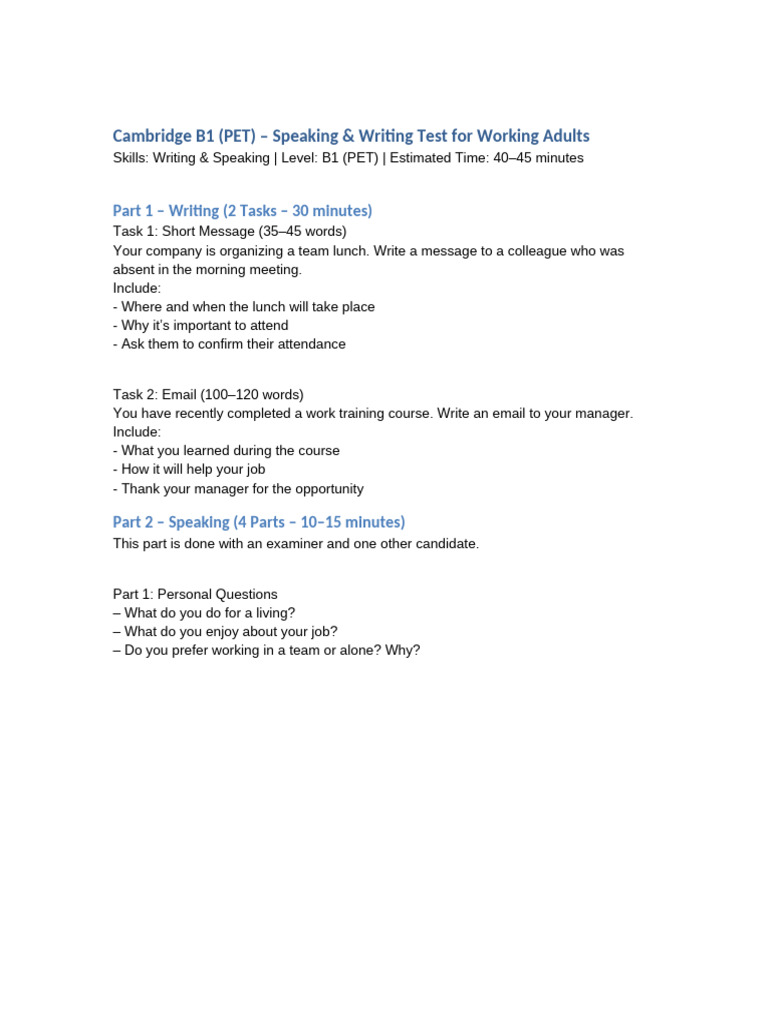 Cambridge B1 Writing Speaking Working Adults | PDF