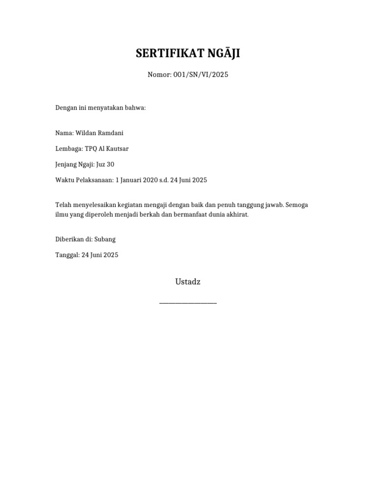 Sertifikat Ngaji Wildan Ramdani | PDF
