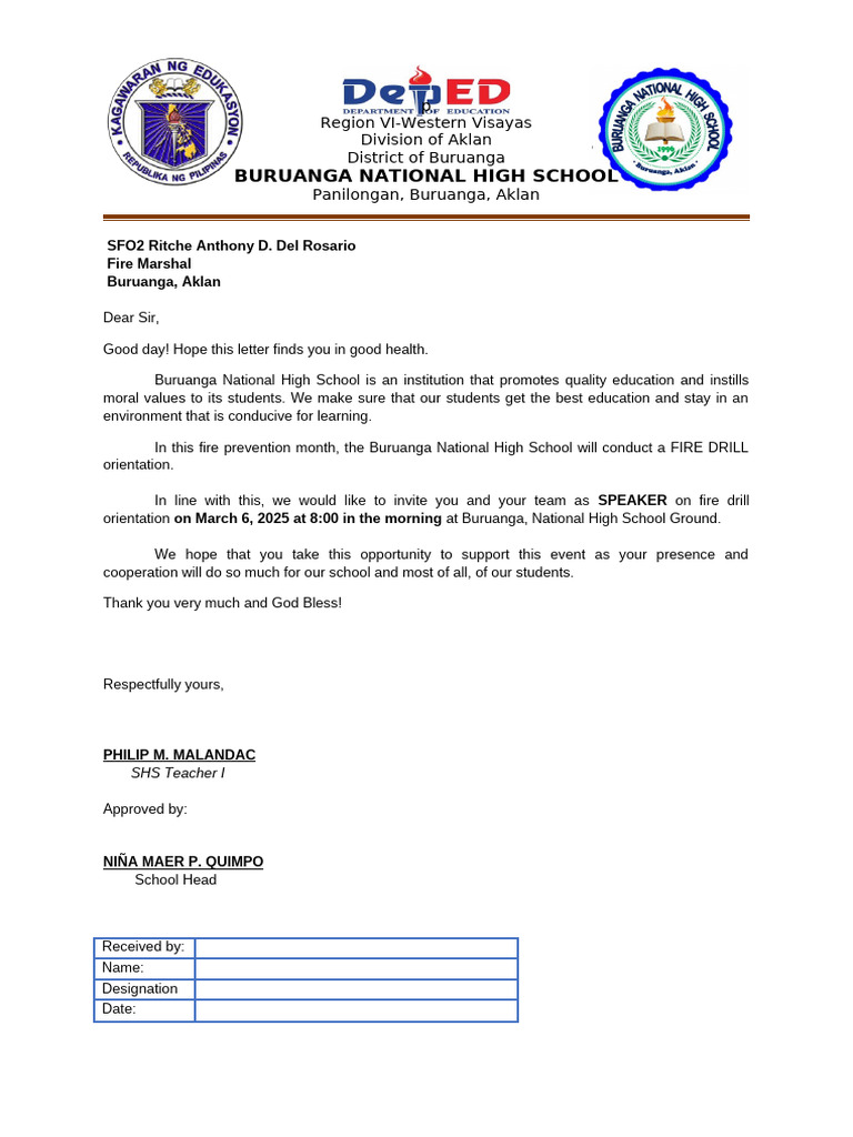 Letter of Invitation BFP Fire Drill | PDF