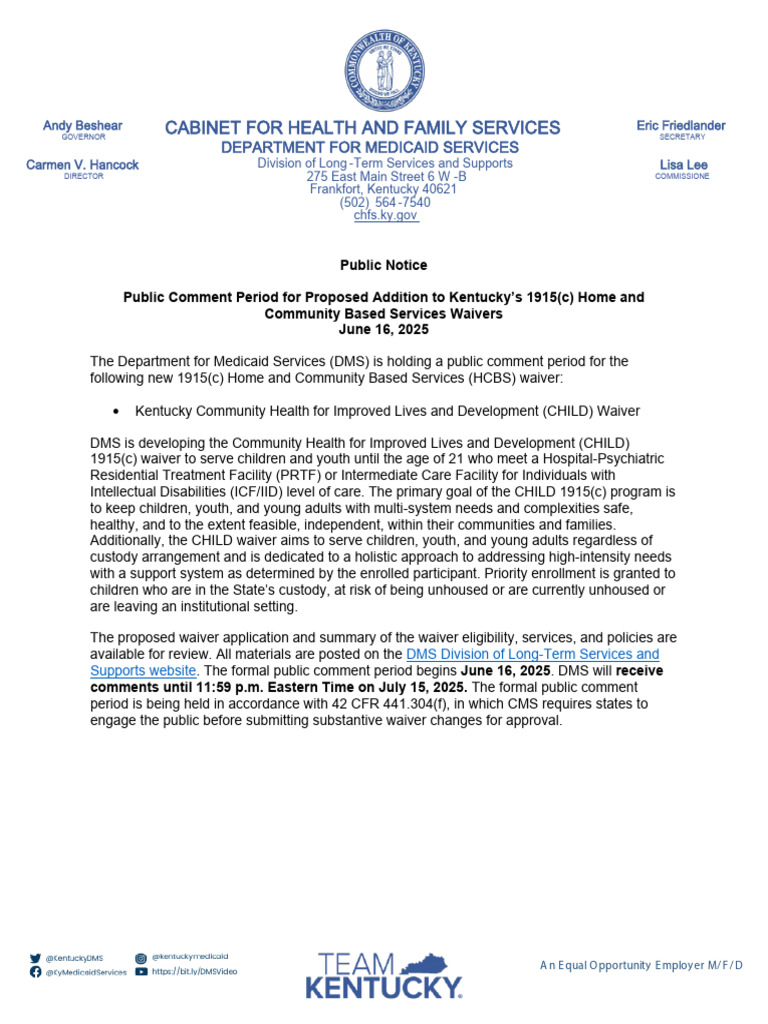 Kentucky CHILD Waiver Public Comment Notice | PDF