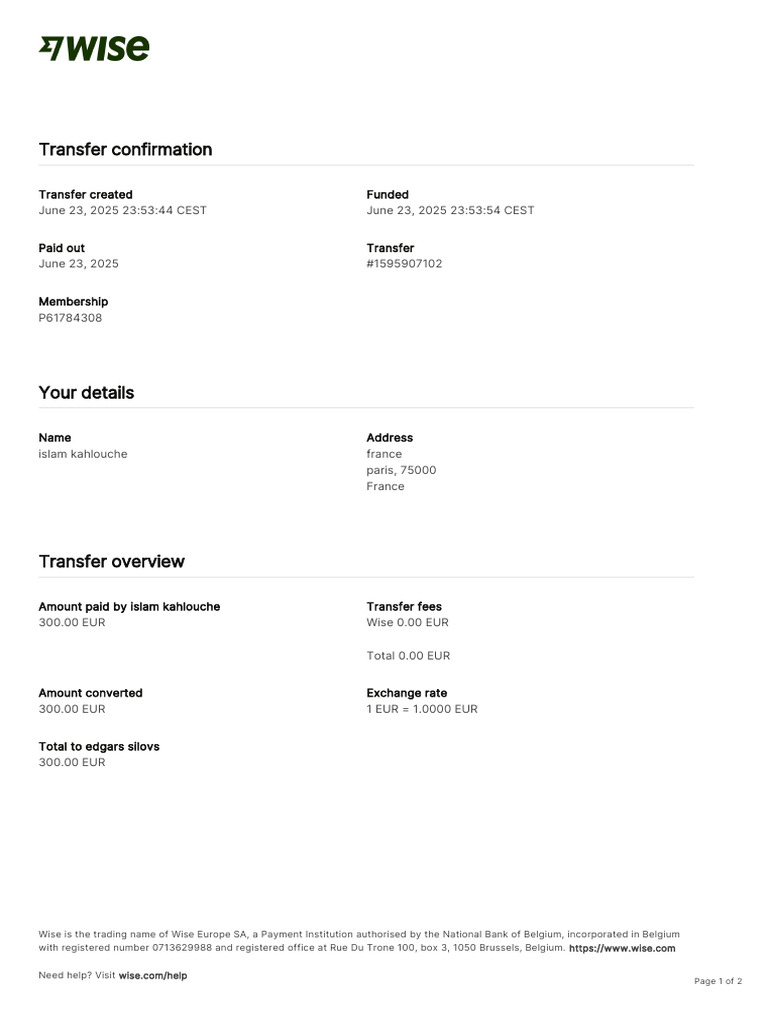 Wise Transfer Confirmation Transfer 1595907102 5690060701 FR | PDF ...