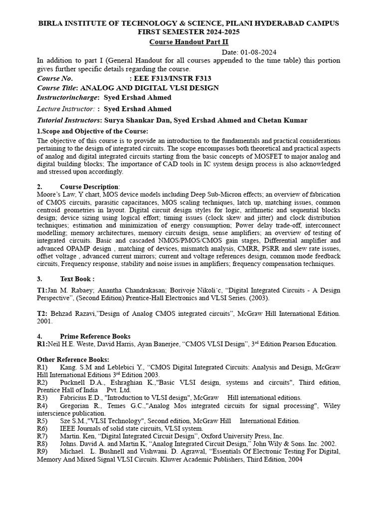 EEE F313 - INSTR F313 - Analog and Digital VLSI Design (ADVD) | PDF | Mosfet | Cmos
