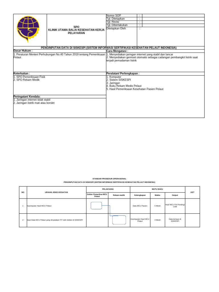 Draft Spo - Penginputan Data Di Siskespi (Sistem Informasi Sertifikasi Kesehatan Pelaut ...