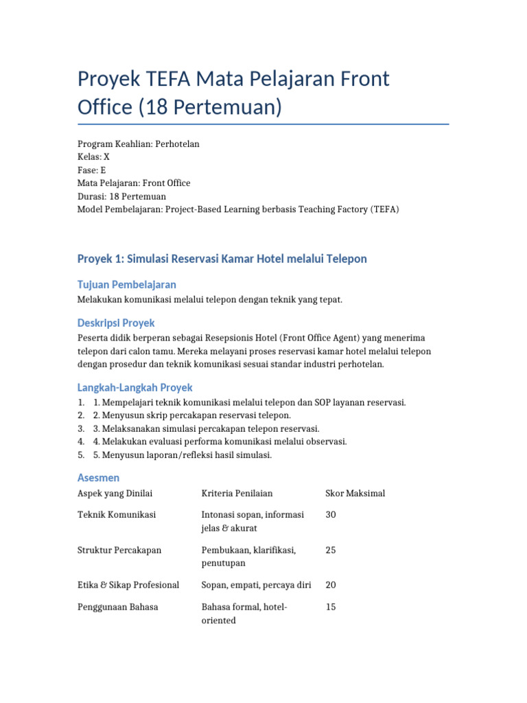 Proyek TEFA Front Office 18 Pertemuan | PDF