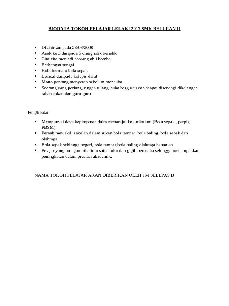 Biodata Tokoh Pelajar Lelaki 2017 SMK Beluran II | PDF