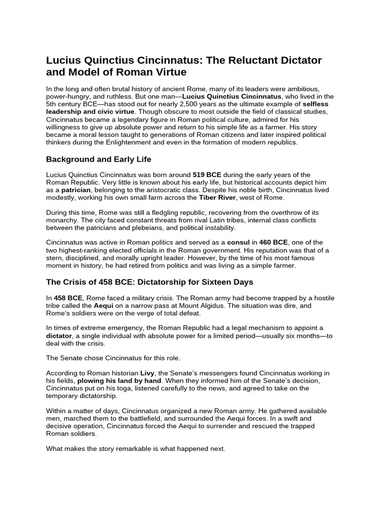 Lucius Quinctius CincinnatusEssay | PDF | Roman Republic | Ancient Rome