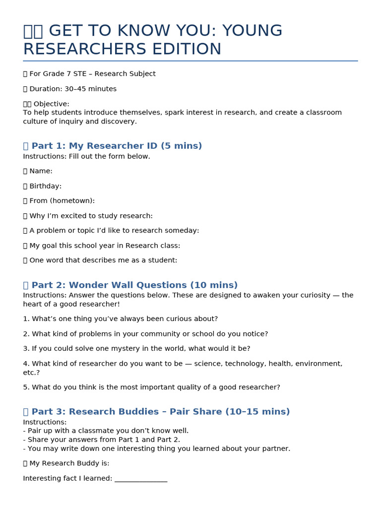 GTKY Research Template Grade7 | PDF