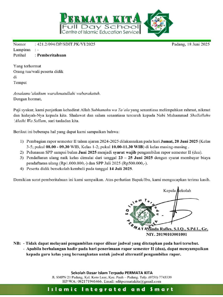 Surat Penerimaan Rapor Semester II, Pendaftaran Ulang Naik Kelas (094 ...