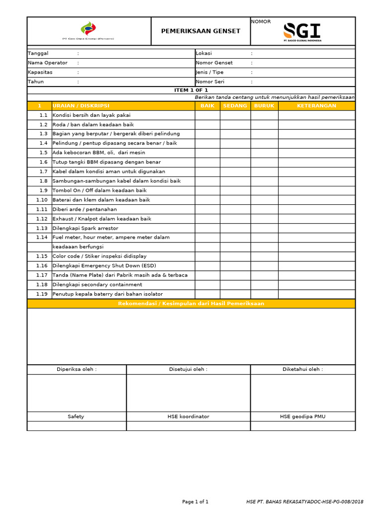 Form Inspeksi Genset-1 | PDF