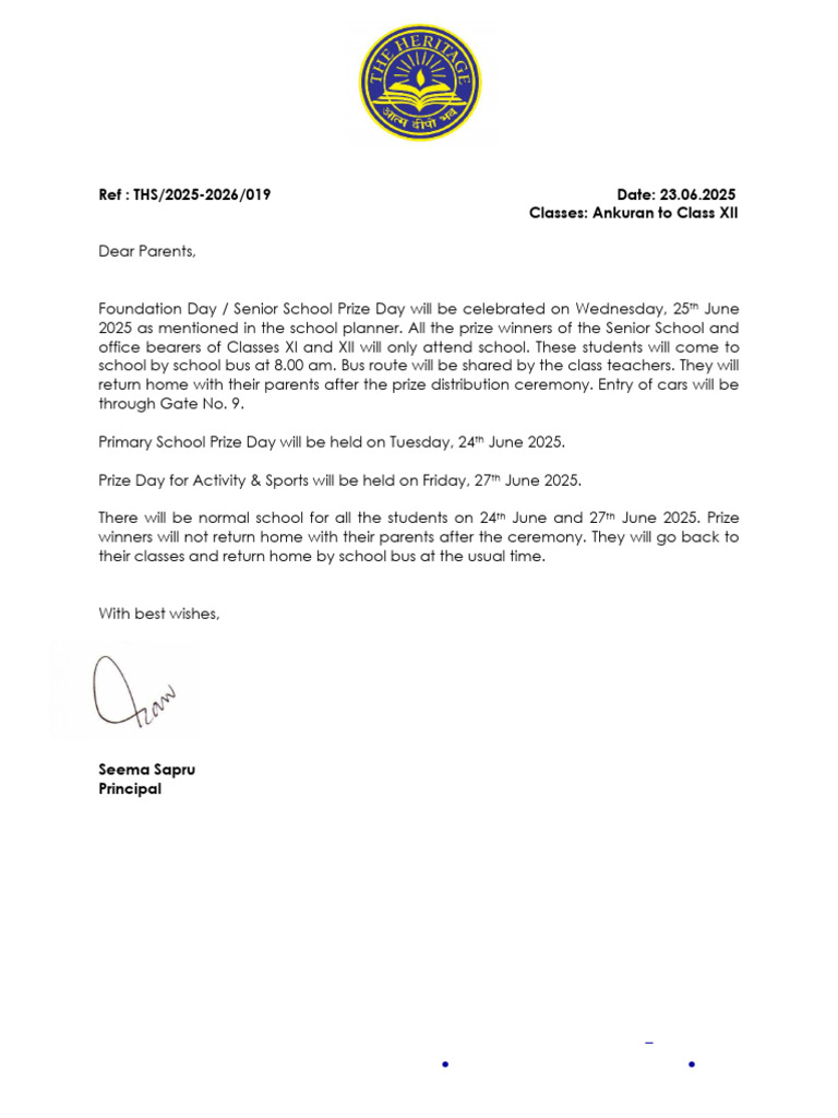 Heritage School Prize Day Schedule 2025 | PDF