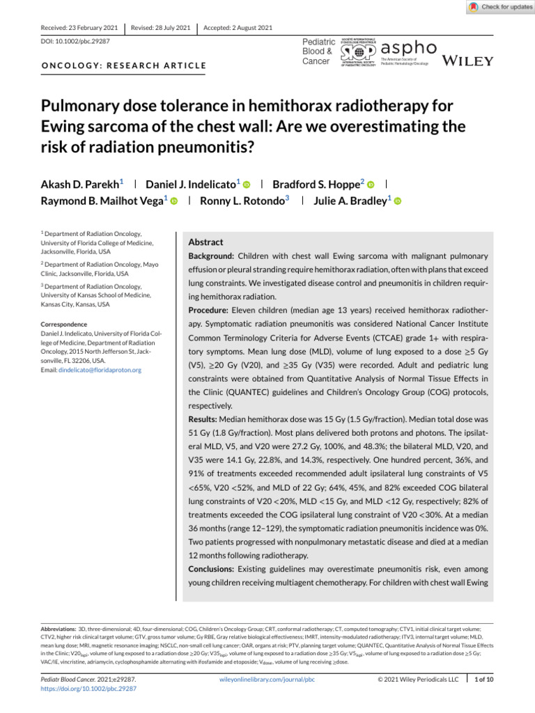 Pulmonary Dose Tolerance in Hemithorax Radiotherapy For EWING SARCOMA ...