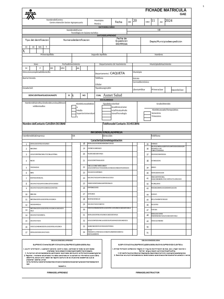 Formato Ficha de Matricula | PDF