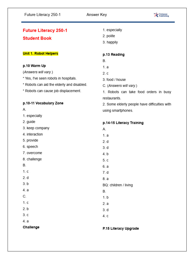 Future Literacy 250-1 Answer Key | PDF | Taste | Literacy