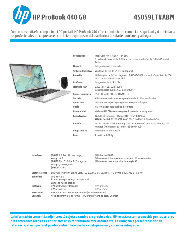 Especificaciones HP ProBook 440 G8 | PDF | Microprocesador | USB