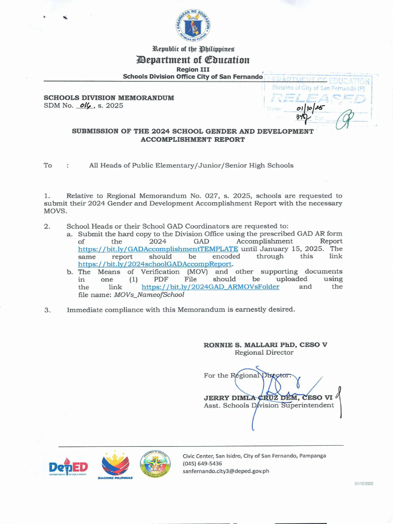 Schools Division Memorandum No. 016 S. 2025 Submission of The 2024 ...