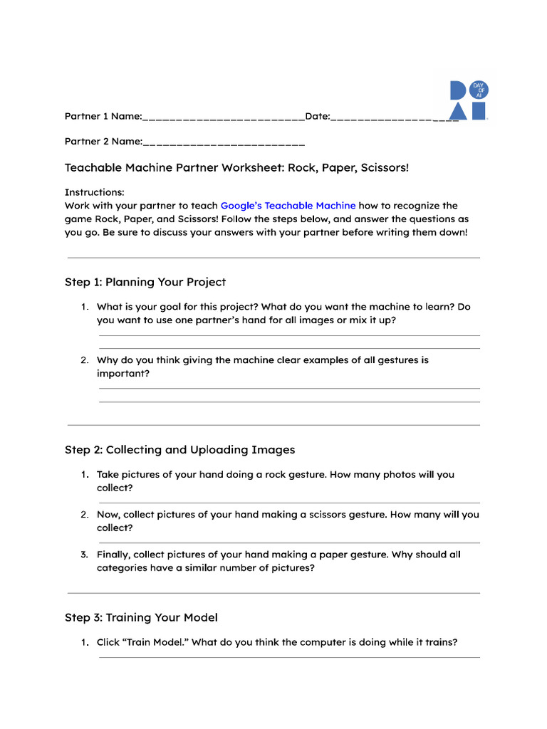 Teachable Machine Partner Worksheet - Rock, Paper, Scissors! | PDF