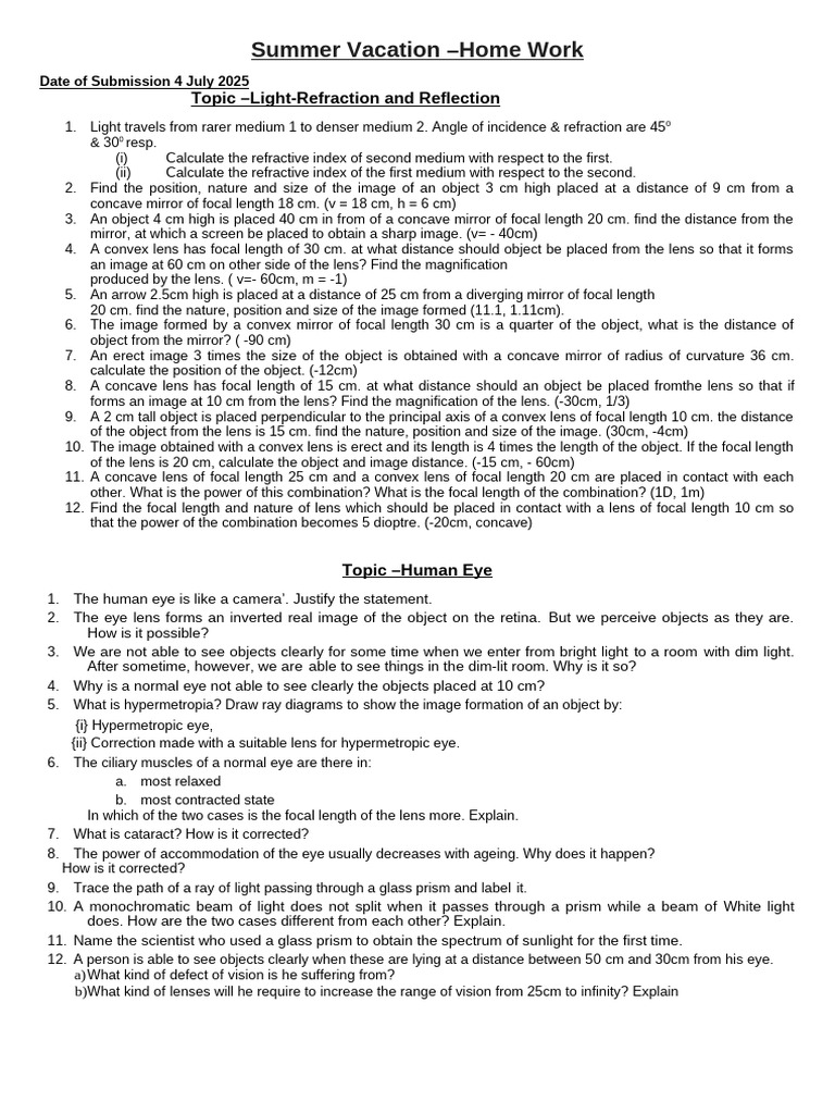 Summer Vacation Home Work Class X - 4 Chapters | PDF | Light | Optics