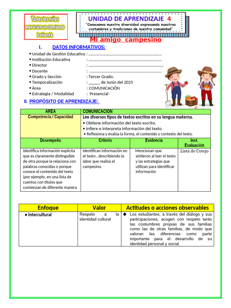 SESION PLAN LECTOR - Mi Amigo Campesino-3er | PDF | Aprendizaje ...