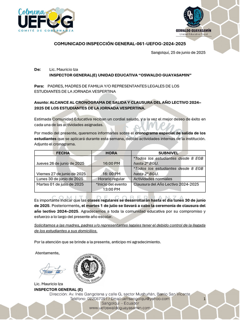 Comunicado-Ins-gen-063-Uefog-2024-2025 Alcance Cronograma de Salida y Clausura Del Año Lectivo ...