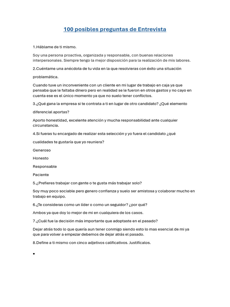 100 Posibles Preguntas de Entrevista | PDF | Enseñando | Aprendizaje