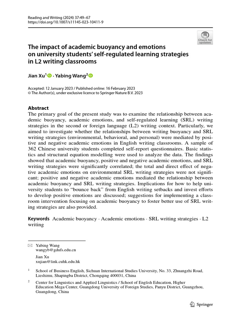 Academic Buoyancy and L2 Writing Strategies | PDF | Emotions | Self ...