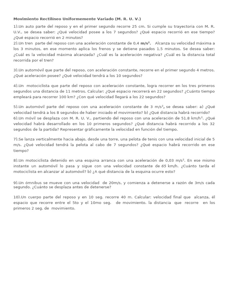 Ejercicios MRUV 1 | PDF