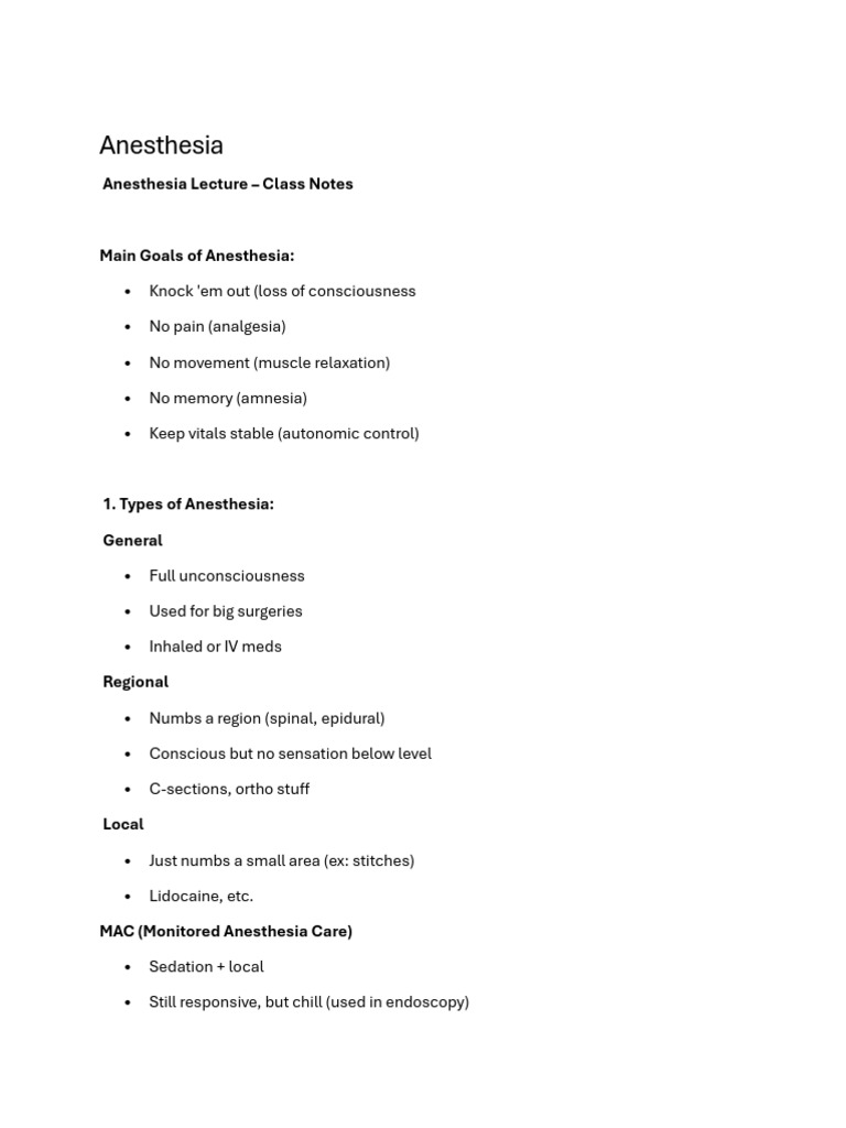 Anesthesia Class Notes | PDF | Anesthesia | Health Care