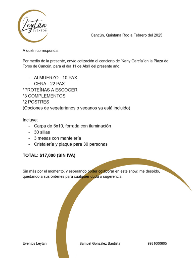 Cotizacion Kany Comida | PDF