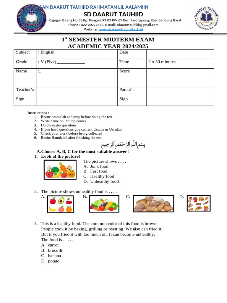 1st Semester 5th Grade Midterm Exam | PDF | Taste | Foods