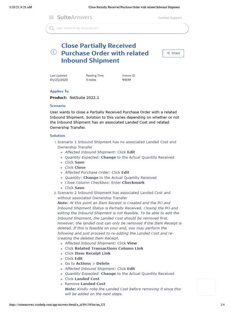 Close Partially Received Purchase Order With Related Inbound Shipment ...