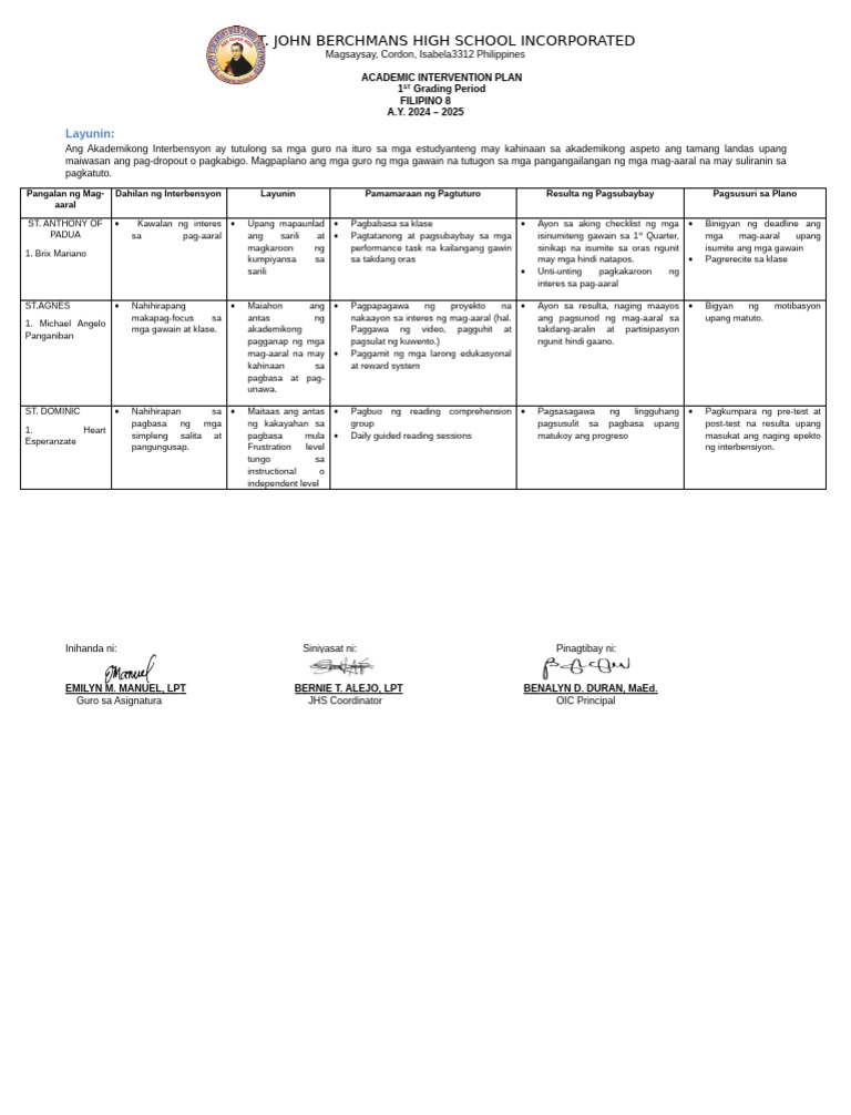 1st Grading - Intervention | PDF