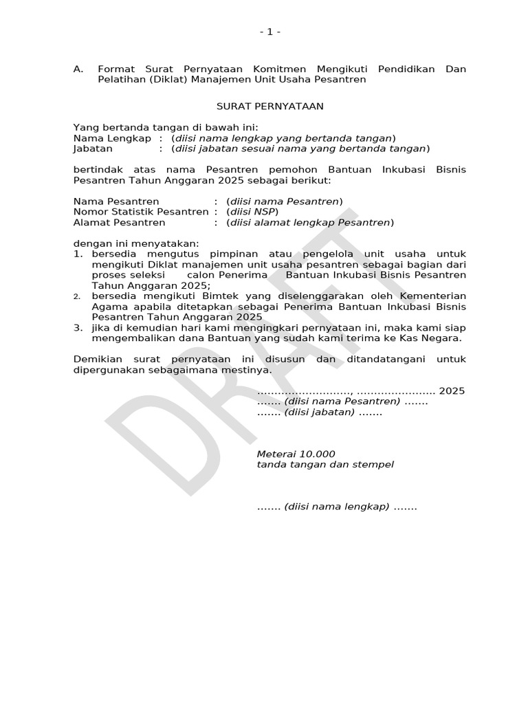 Format Surat Pernyataan Komitmen Diklat | PDF