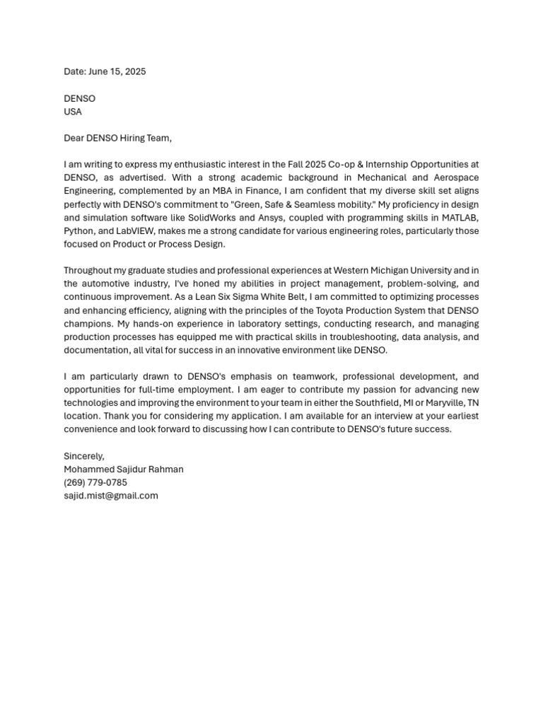 Cover Letter - Mohammed Sajidur Rahman - DeNSO | PDF