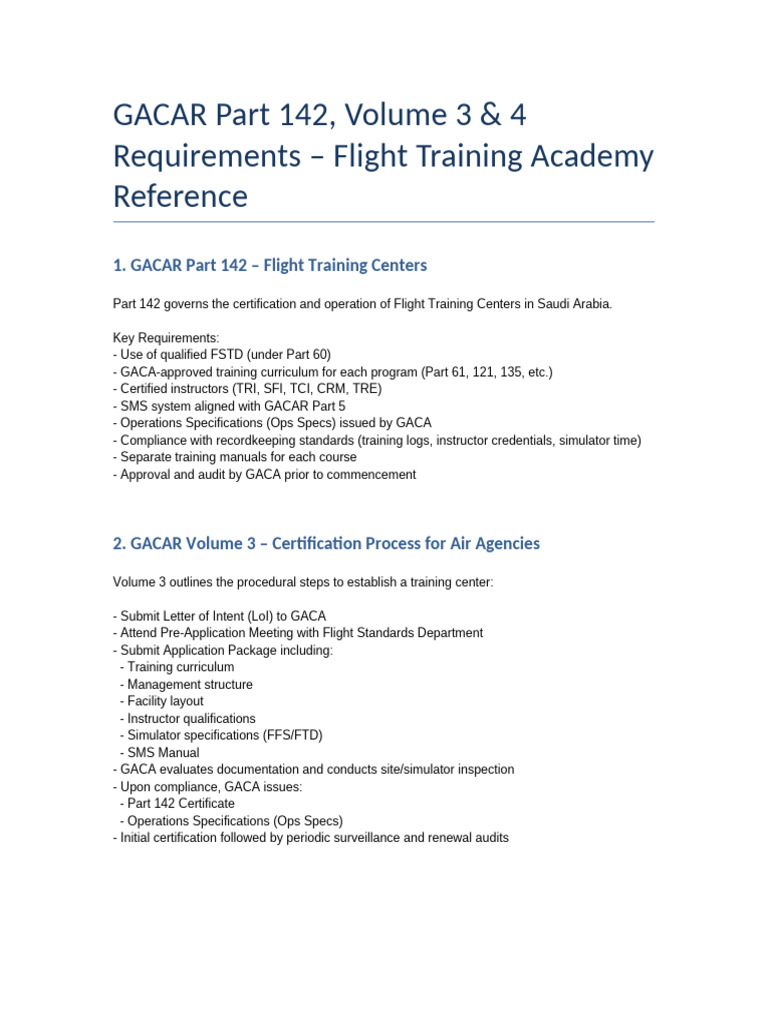GACAR 142 Vol3 Vol4 Requirements Summary | PDF