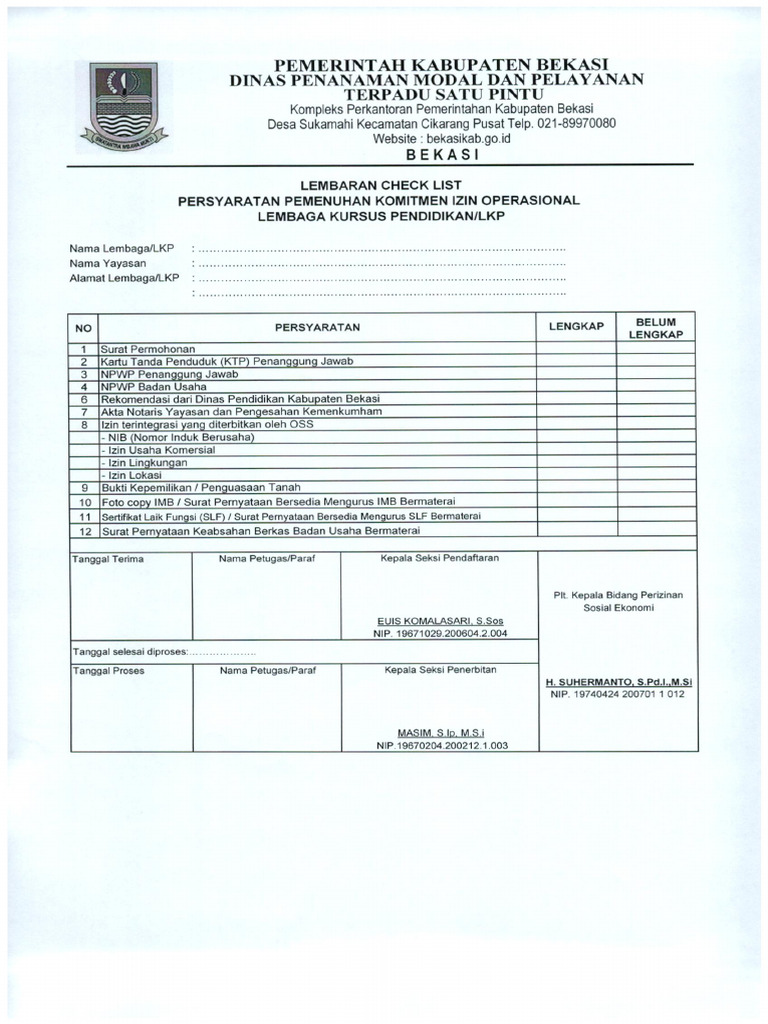 Izin Operasional LPK Kab Bekasi | PDF