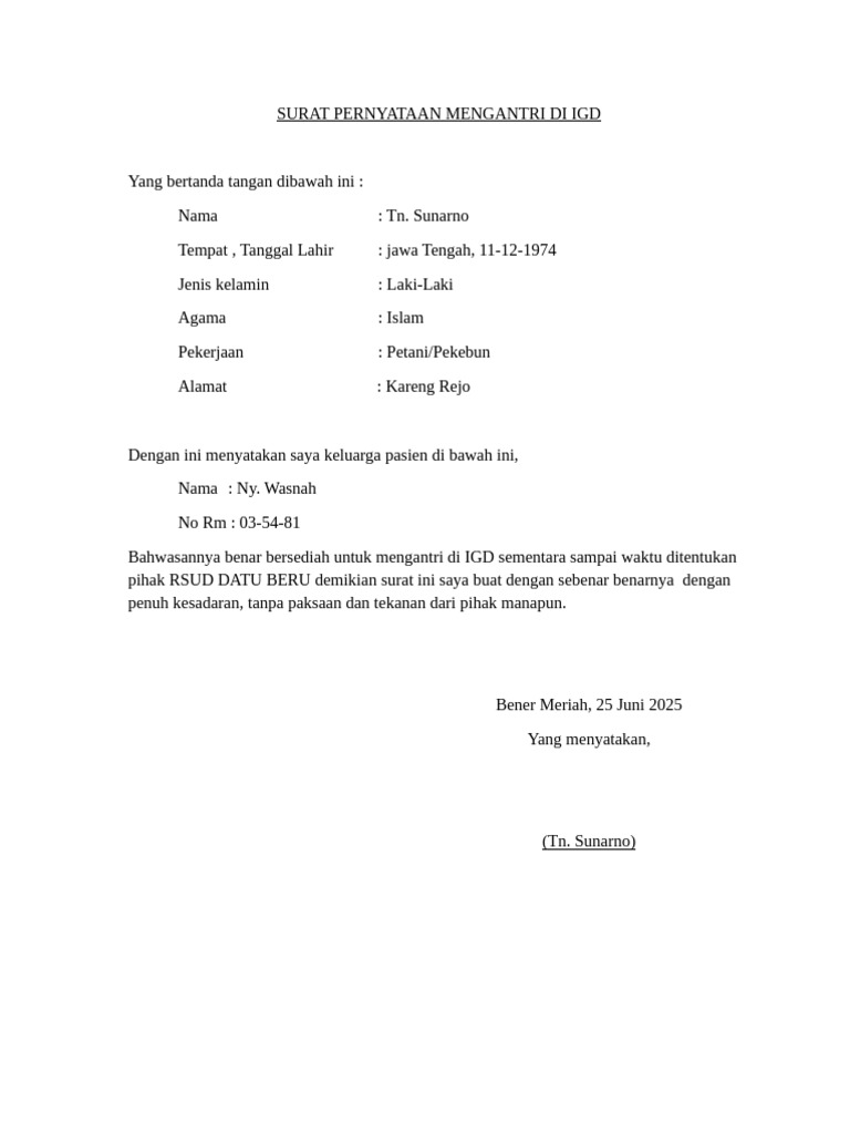 Surat Pernyataan Mengantri IGD | PDF